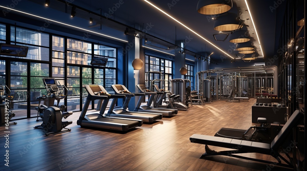 Interior of a modern gym with rows of treadmills Stock Photo | Adobe Stock