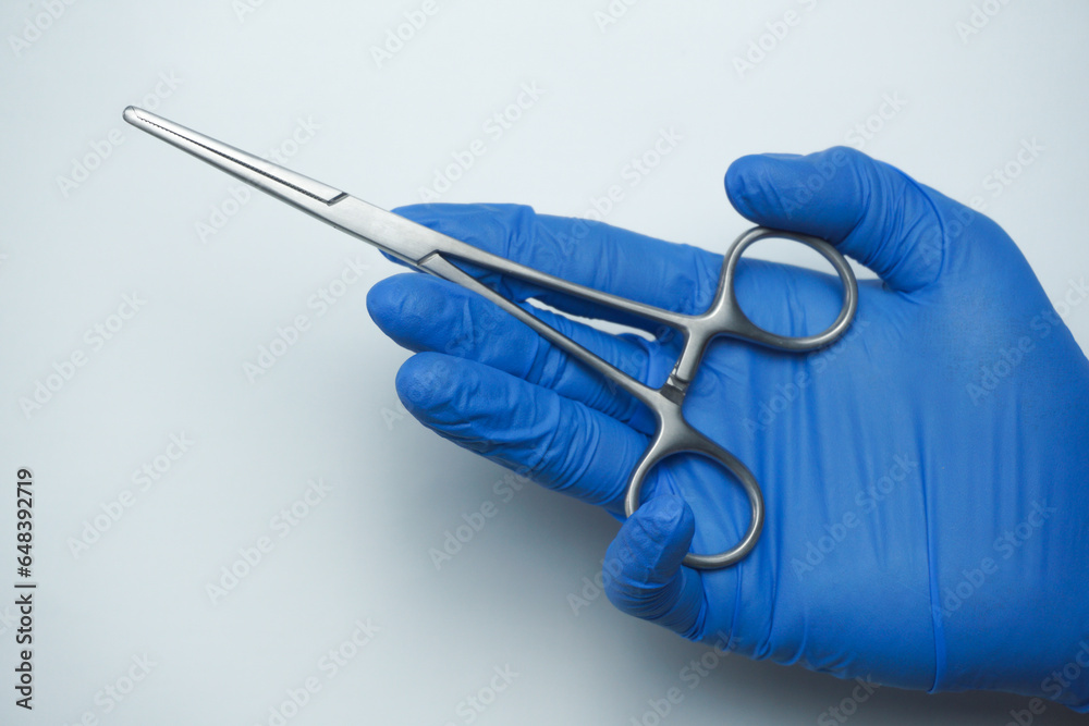 Doctor wearing blue medical gloves holding Allis Intestinal and Tissue ...