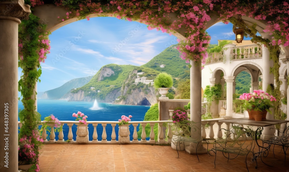 Beautiful view from the balcony on the Italian coast. Blue arches, pink ...