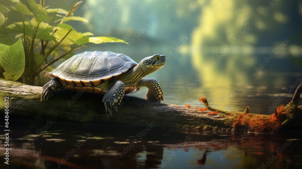 a terrapin basking on a sun-drenched log in a serene pond, its ...