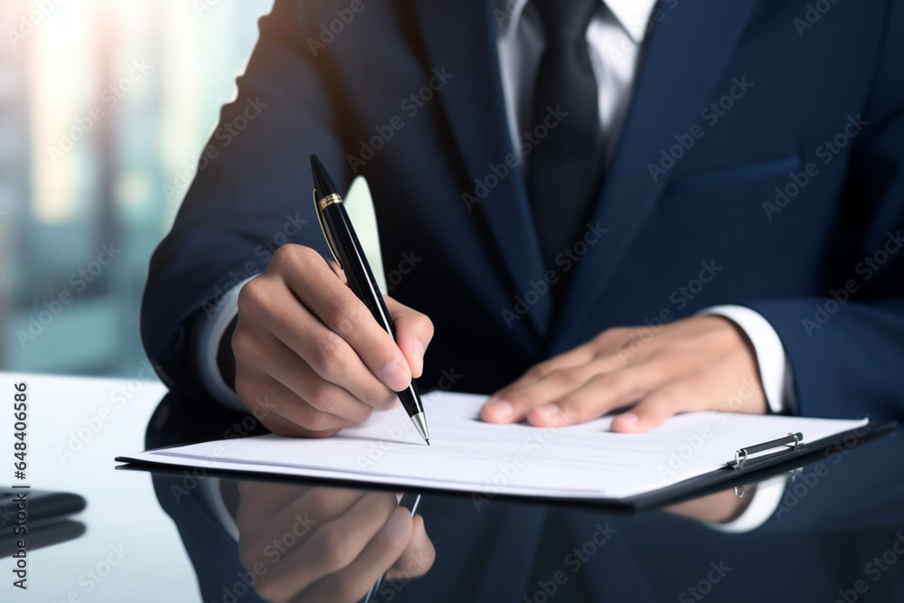 Businessman use pen to tick correct sign mark in checkbox for quality ...