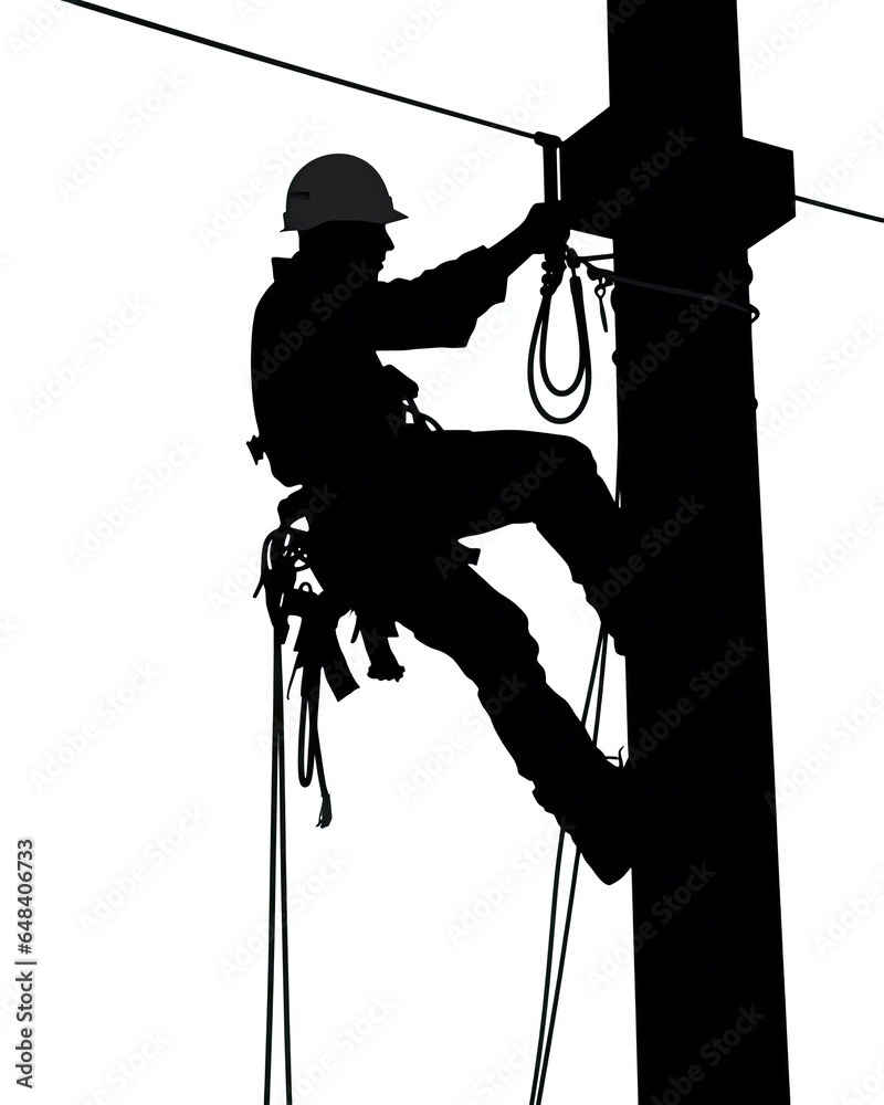 Silhouette of an Electrical Power Lineman Climbing an Electrical ...