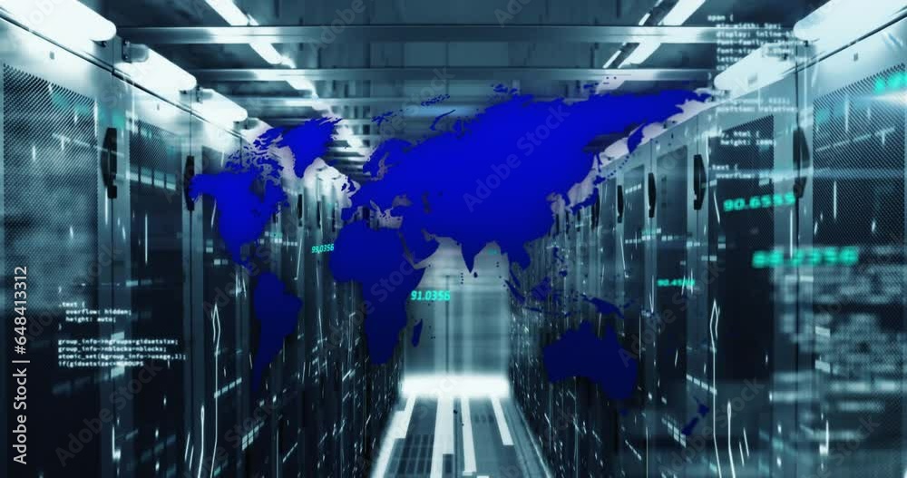 Animation of computer language and map over connected dots on data ...
