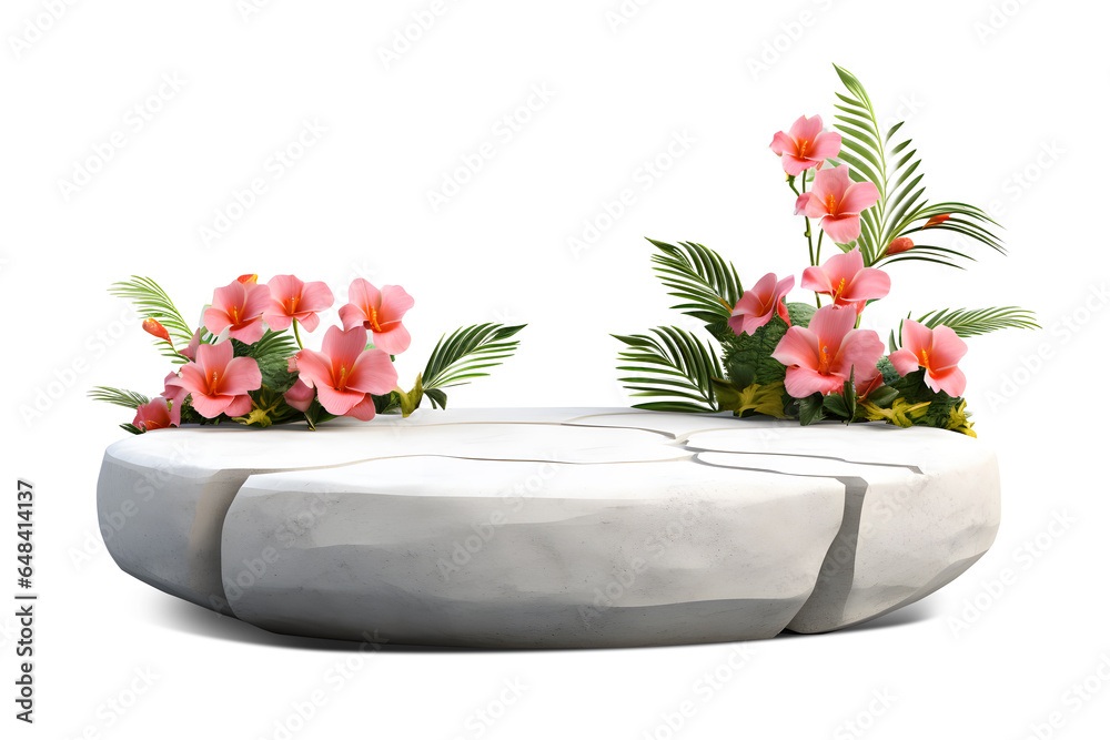 Blank stone podium platform in flowers tropical plants decoration, For ...