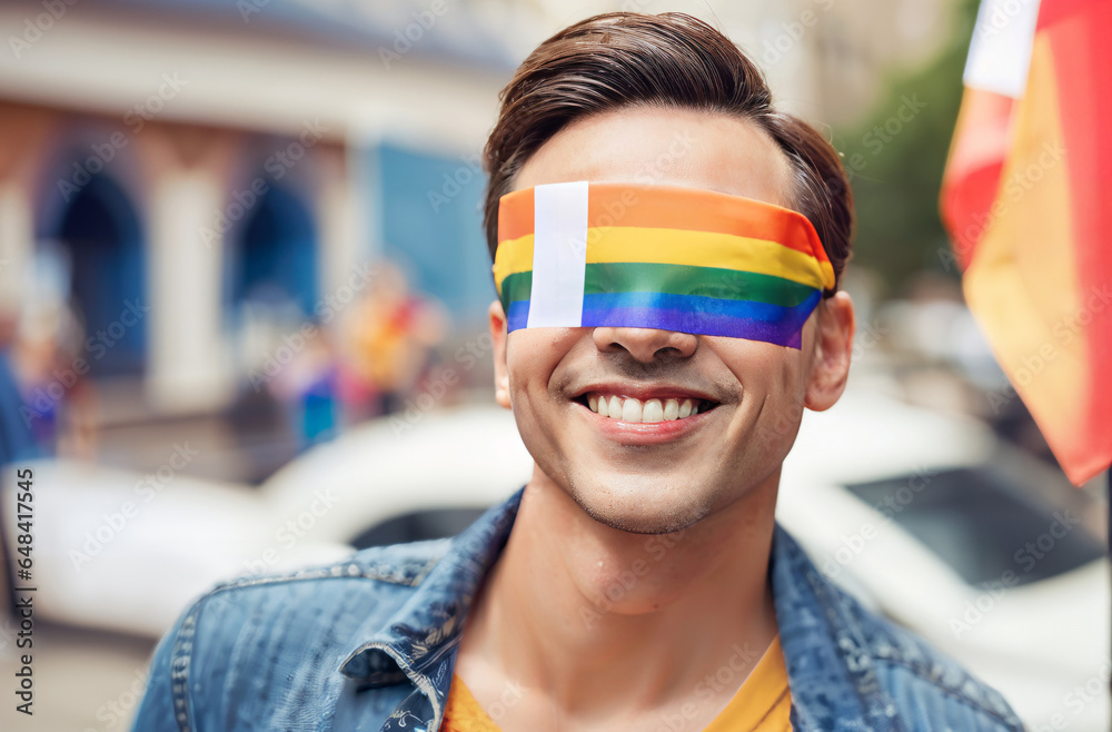 Smiling gay man with pride flag. Genderfluid man against lgbt flag ...