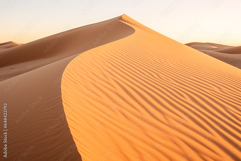 sand dune stands tall and majestic under scorching sun in the vast desert, golden grains shimmer ...