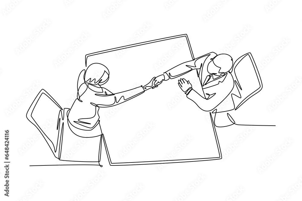 Vetor de Single continuous line drawing young manager handshake his ...