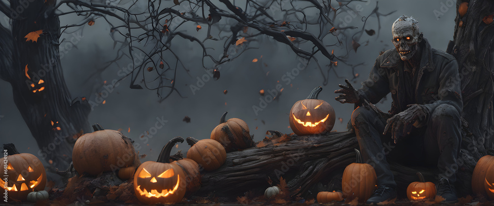 Halloween Zombie Scene. Halloween Night Gazing into Jack O' Lantern ...