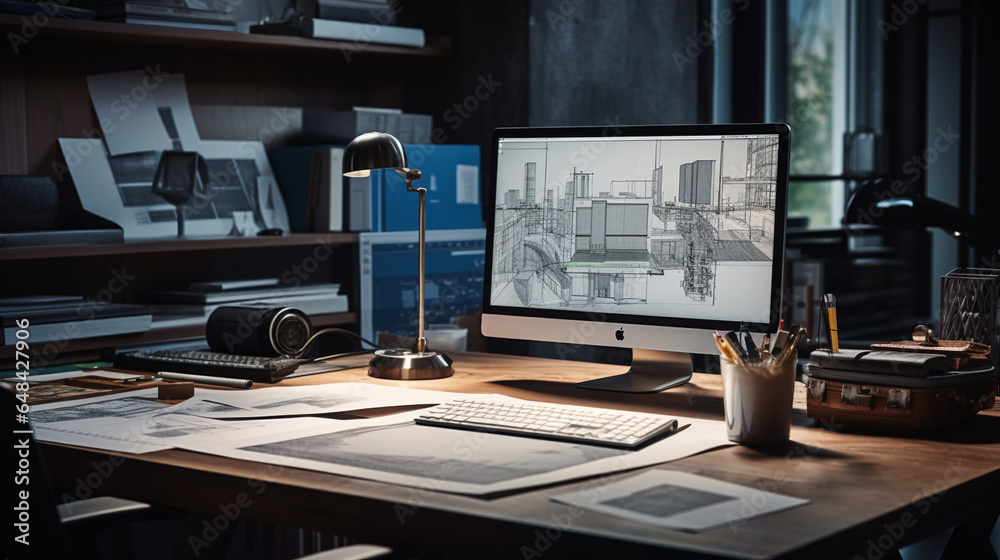 An architect's desk with blueprints, design tools, and a computer ...