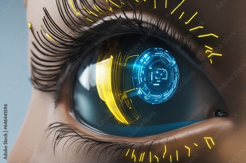 Side view of a humanoid eye blue and yellow eyes and vibrant neon ...