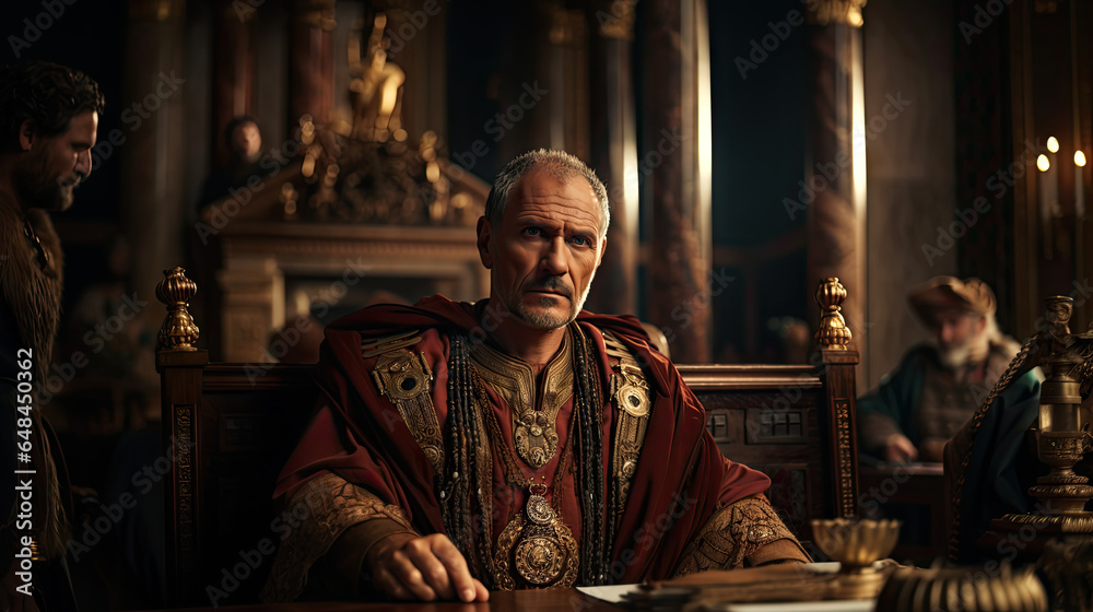 Roman man governor or speaker sit in traditional clothes, ancient ...