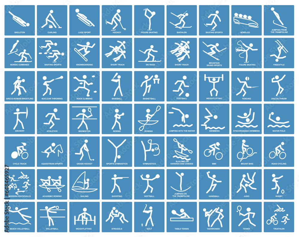Olympic sports with captions. Set of sports icons in white in blue ...