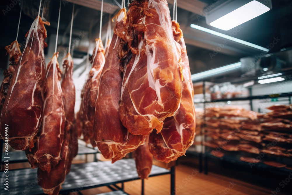 Meat processing plant. Hanging meat in the production hall. The arrival ...