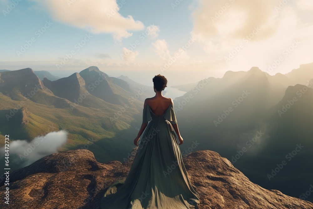 irl on mountain peak with looking at beautiful mountain, adventurous ...