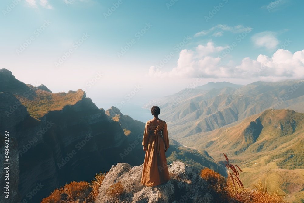 irl on mountain peak with looking at beautiful mountain, adventurous ...