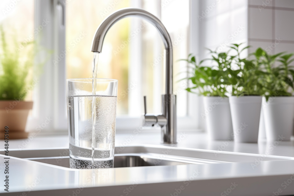 Close up with sunlight of water being poured into glass from kitchen ...