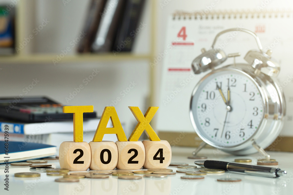 Tax and Vat Concept.Tax wooden letters on wooden cubes with 2024 on ...