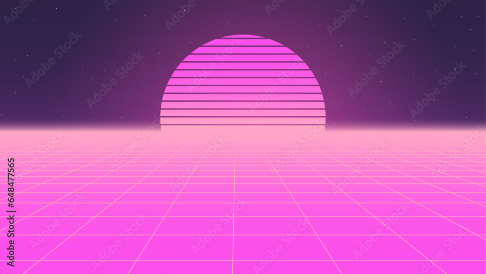 80s Retro Sci-Fi Background Futuristic Grid landscape. Digital cyber ...