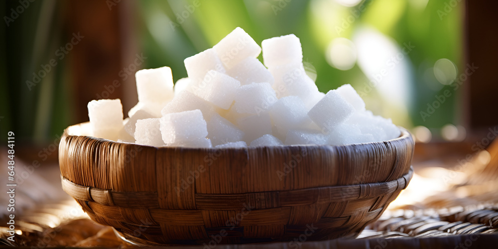 A wooden bowl of sugar lumps bullerd forest background, Lump sugar ...