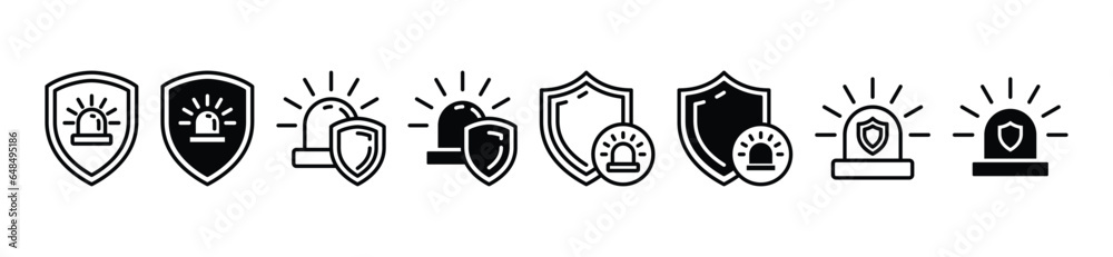 Security alert icons. Shield protection, with emergency siren ...