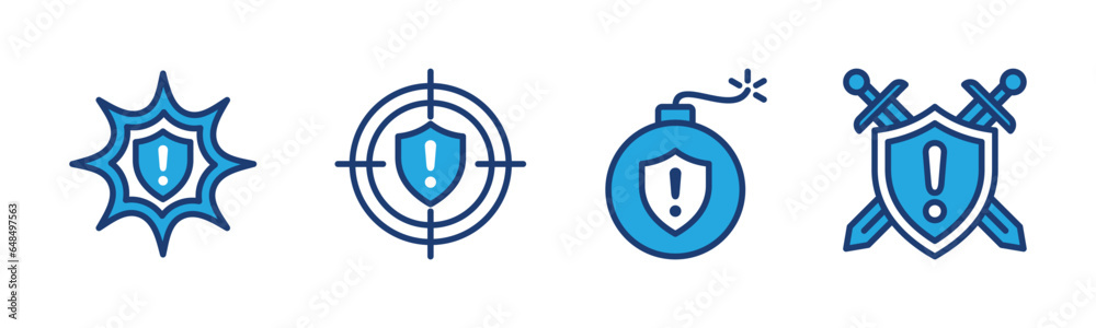 Cyber security attack icons. Cyber crime icon symbol. Bomb, sword, aim ...