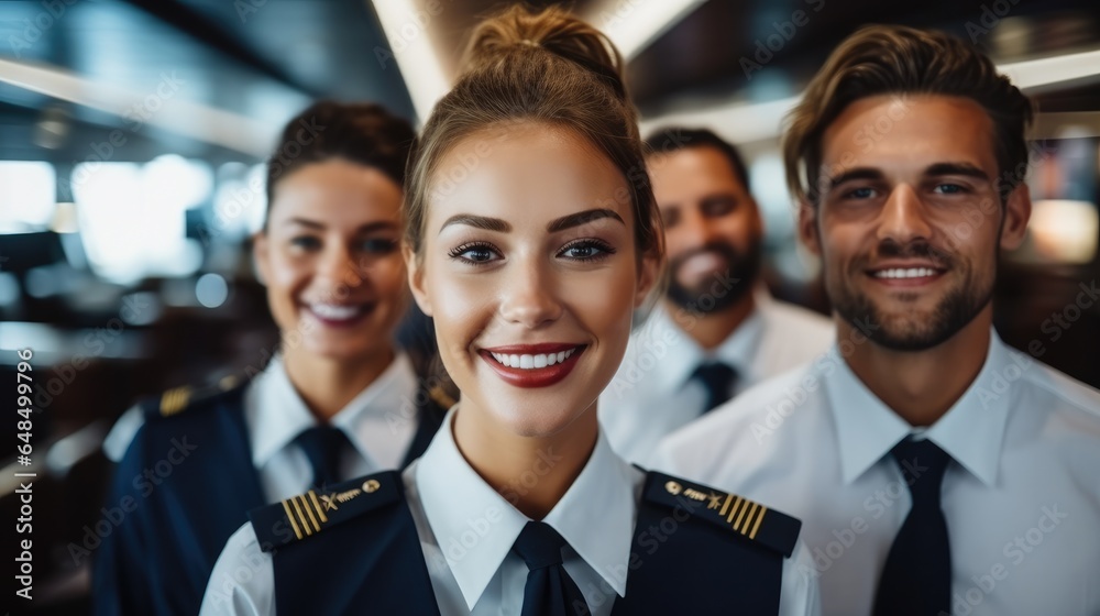 Portrait of a diverse group of flight attendants and cabin crew in an ...