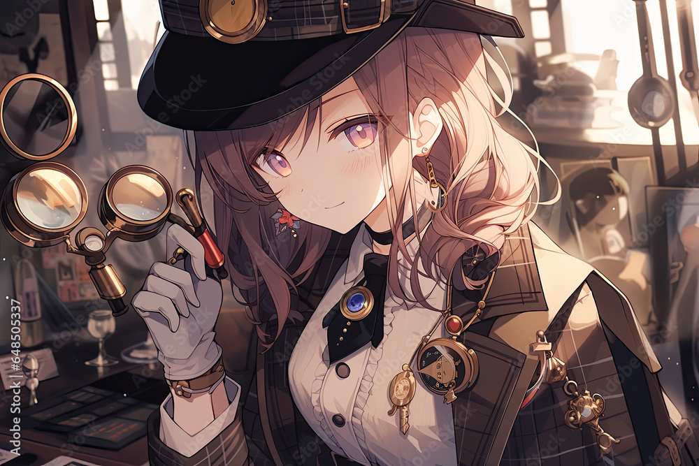 Steampunk Detective Anime Girl Solving Mysterious Cases Stock ...