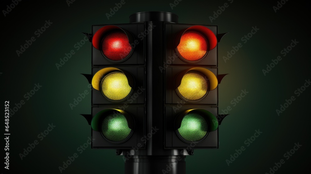 Realistic stock image of a bright, illuminated traffic light at an ...
