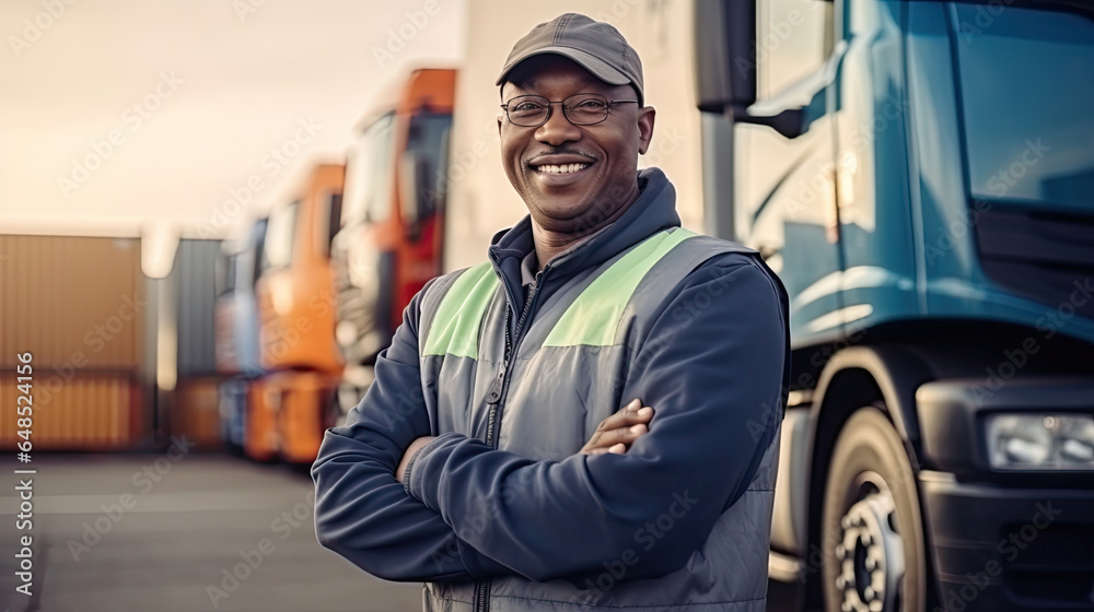 African American transportation factory truck driver standing and ...