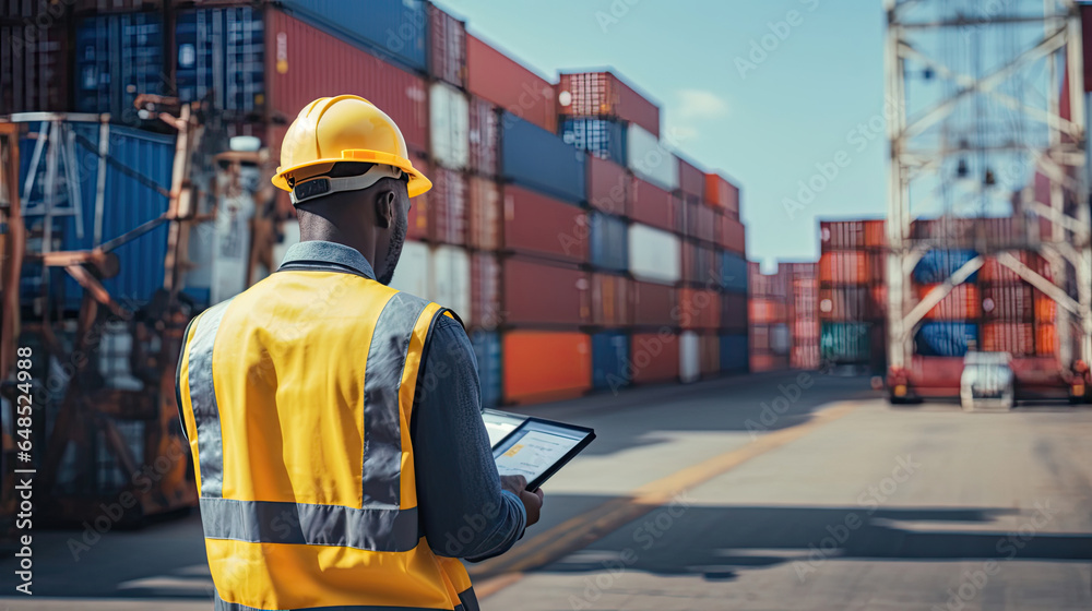 Black worker working checking at Container cargo harbor to loading ...