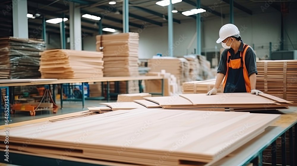 Staff working in wood furniture industry factory checking inventory of ...