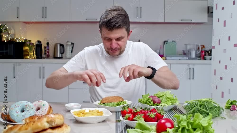 Man having unhealthy lunch at home in the kitchen, happy to eat fast ...