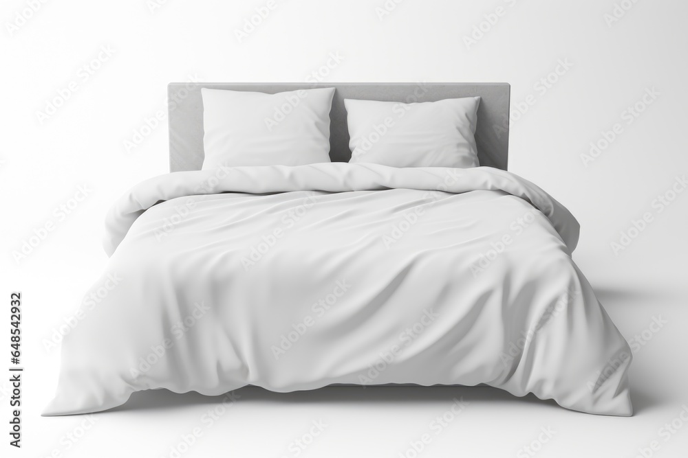 A bed with a white comforter and pillows. AI image. Comforter mockup ...