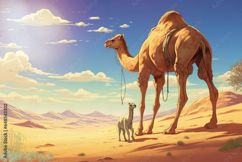 Camel with calf in sand dunes background in anime illustration style ...