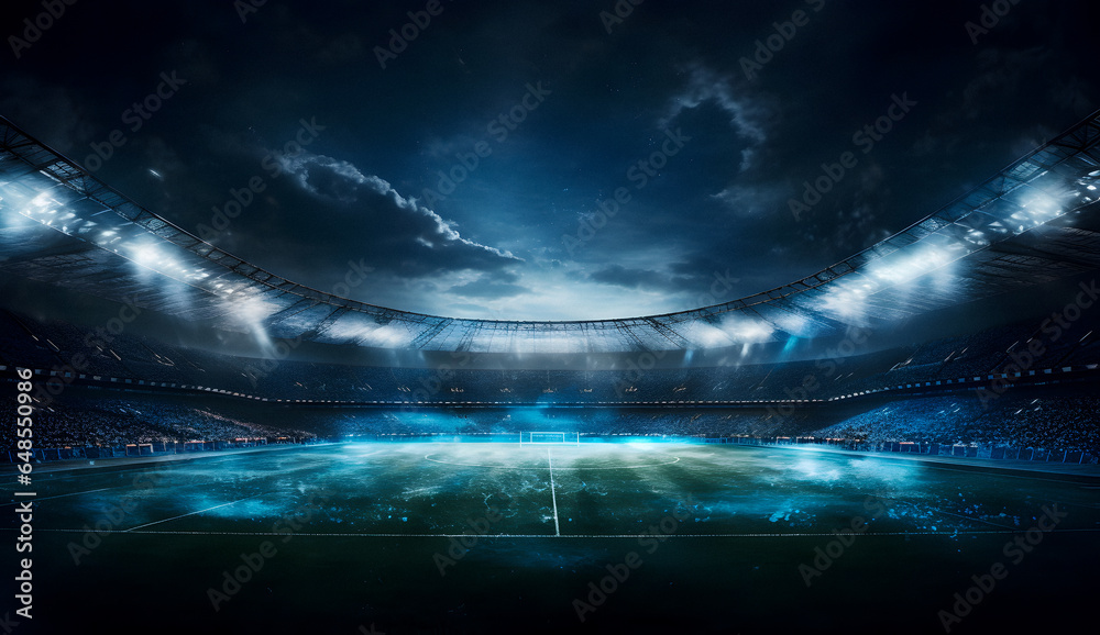 a dimly lit stadium with a soccer field and a sky background Generative ...