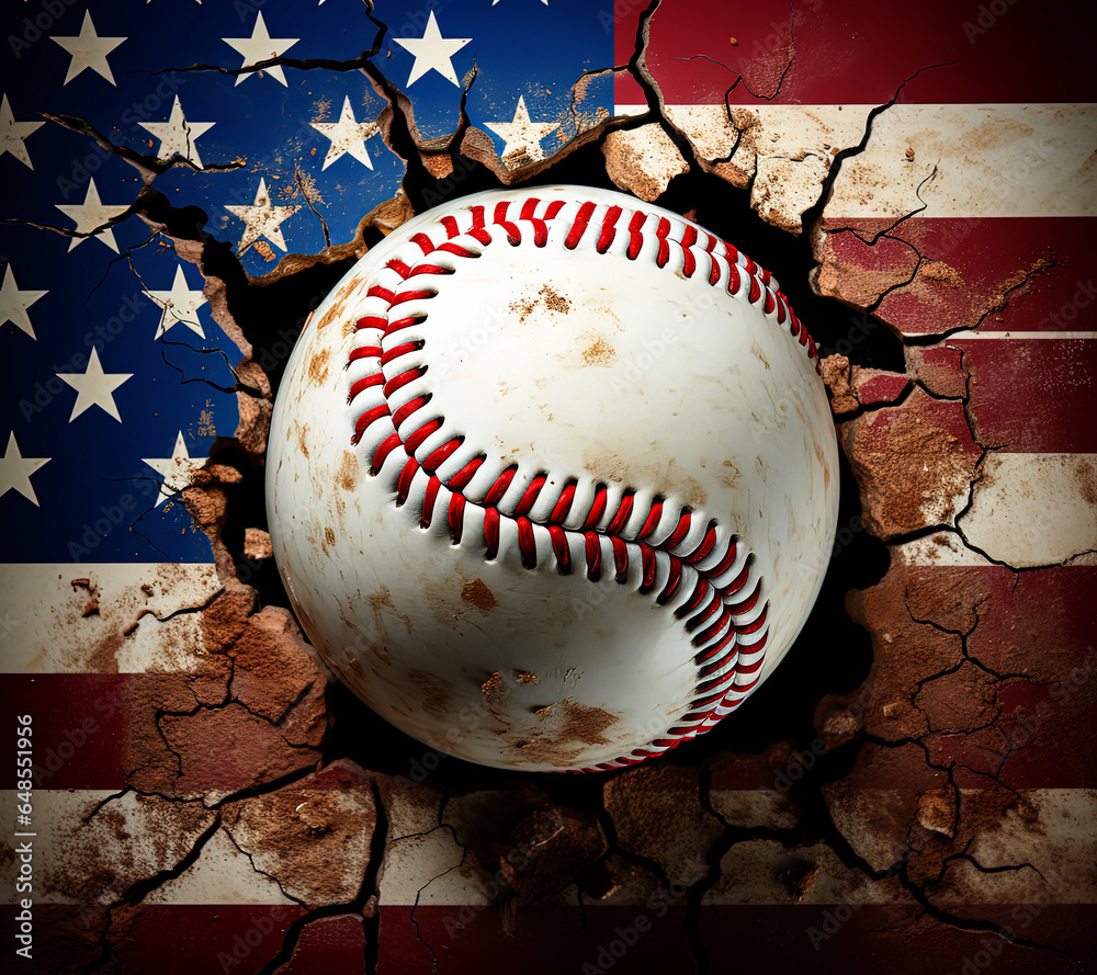 Baseball ball coming through the USA Flag wall background, Baseball ...
