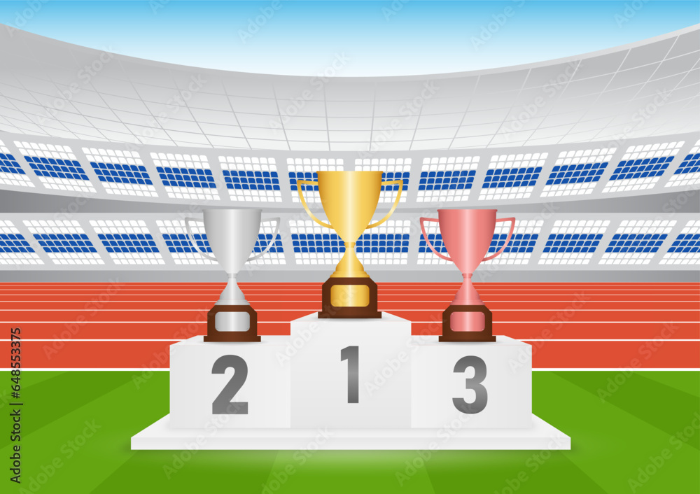 Trophy Cups on Sport Winner Podium on Running Track or Athlete Track in ...