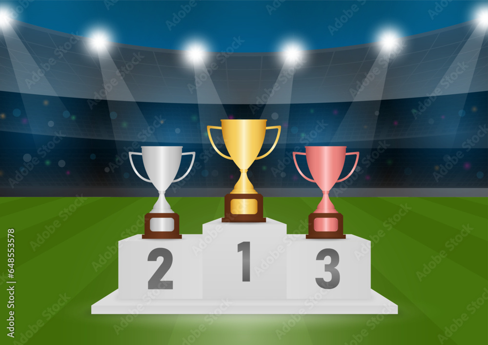 Trophy Cups on Sport Winner Podium on Soccer Field in Stadium or Sport ...