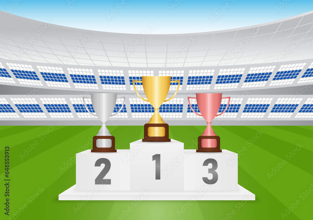 Vetor de Trophy Cups on Sport Winner Podium on Soccer Field in Stadium ...