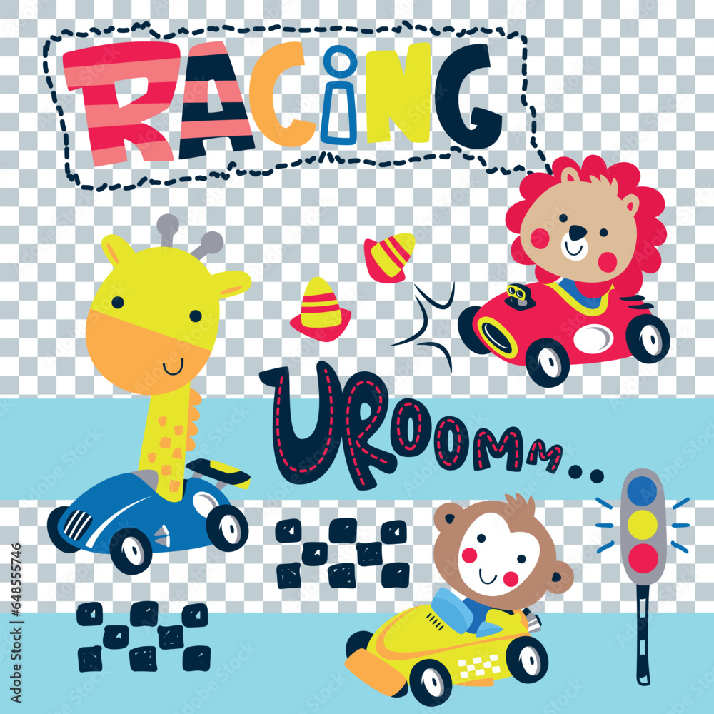Cute racing cars with giraffe, lion and monkey cartoon on transparent ...