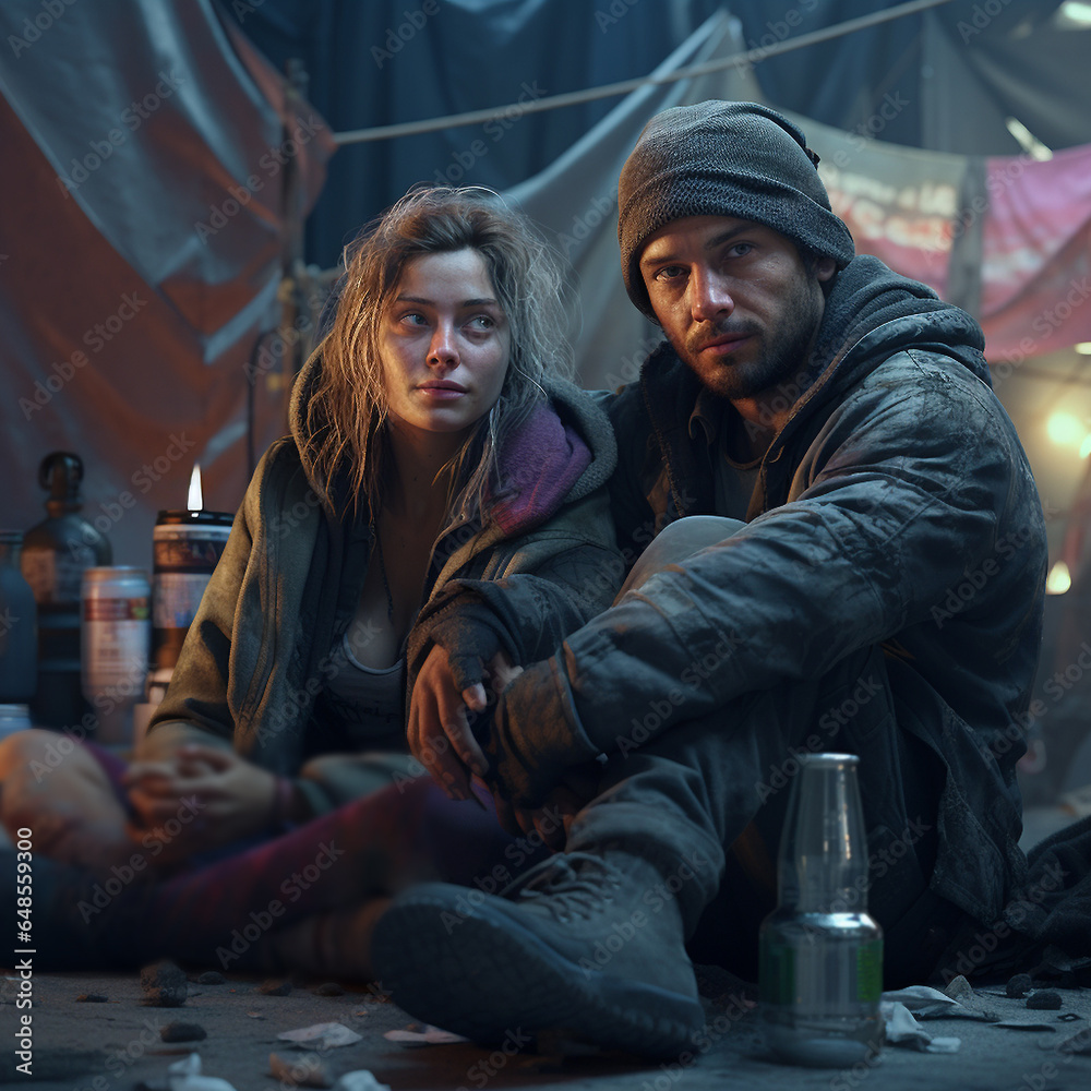 Homeless Beggar couple Woman, Man Sitting Outdoors In City on dirty ...