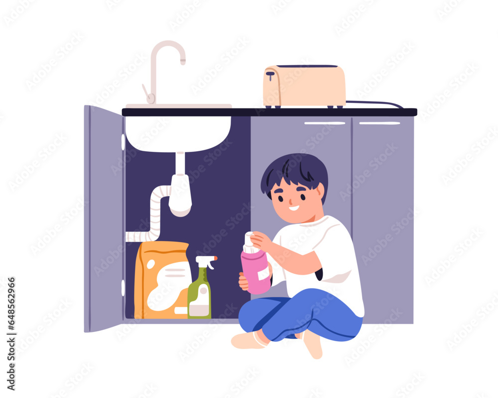 Child playing with kitchen detergents at home. Kid with cleaning ...