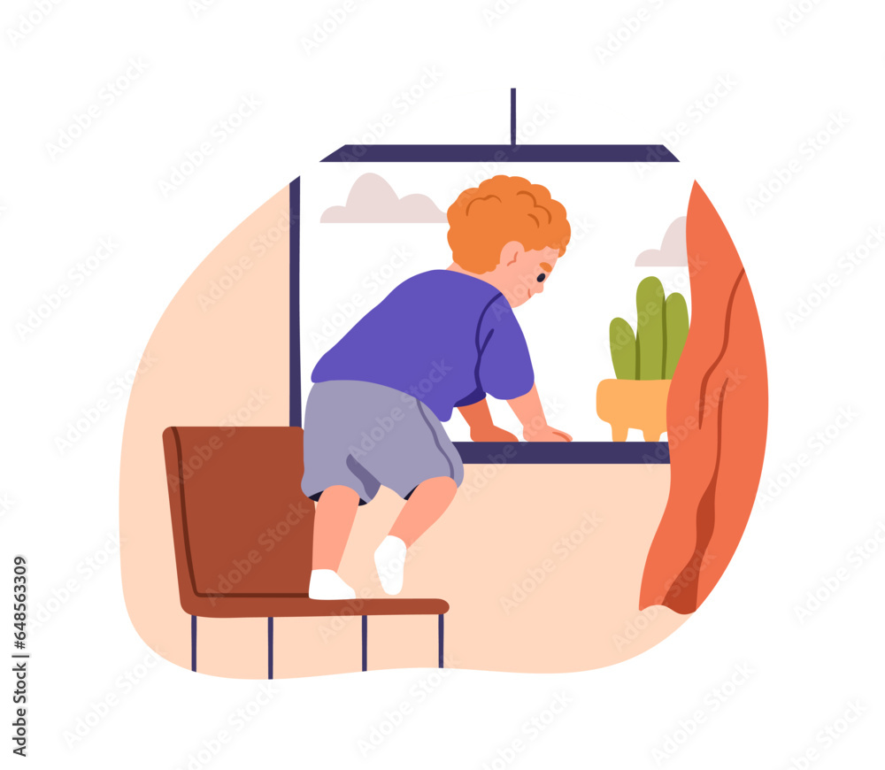 Child at open window, danger at home. Toddlers fall risk, accident ...