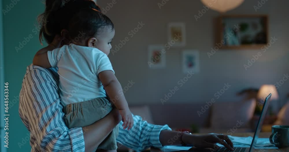 Laptop, remote work or email with a mother and baby in their home in ...