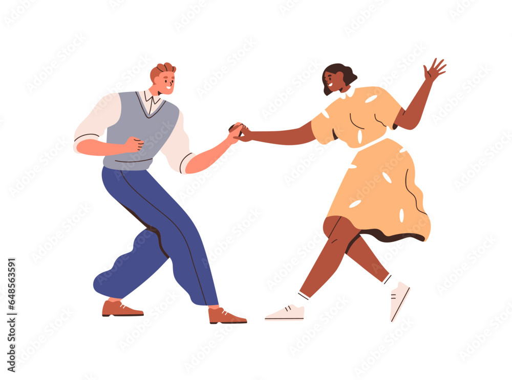 Partners couple dancers performing Lindy hop dance style. Happy modern ...