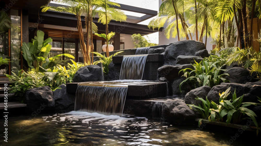 Home Modern home design with small waterfall decoration with morning ...