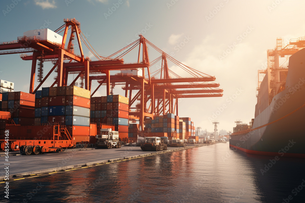 Containers exporting on ship transportation at cargo port terminal ...