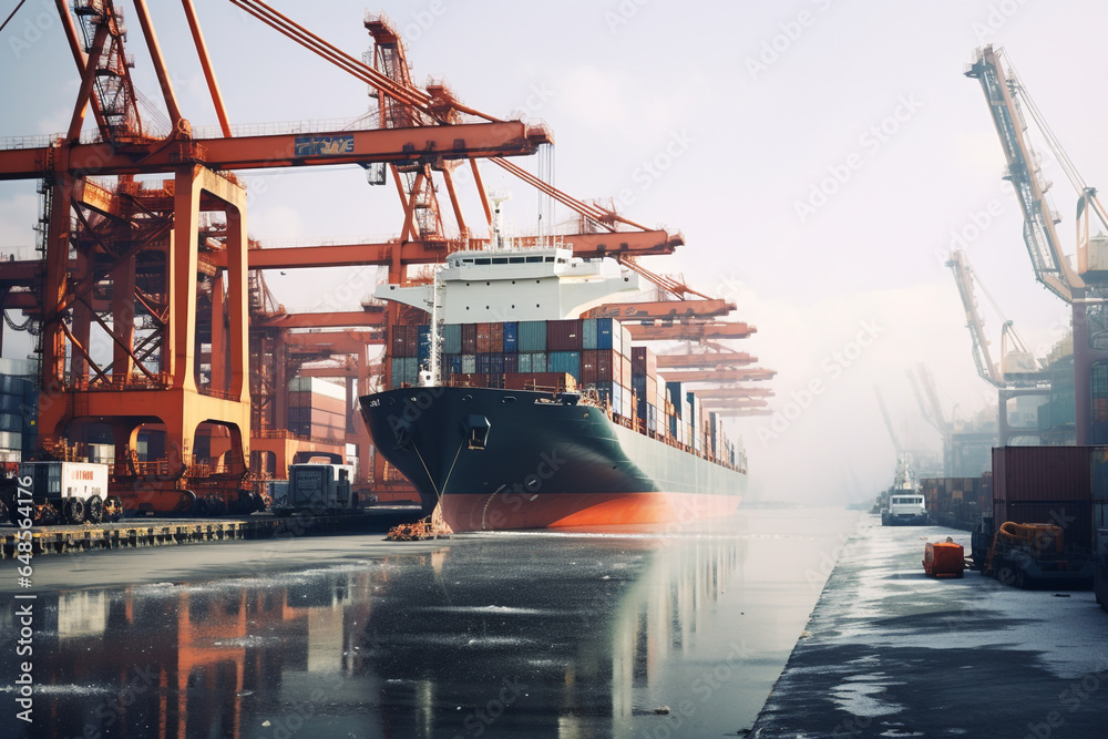 Containers exporting on ship transportation at cargo port terminal ...