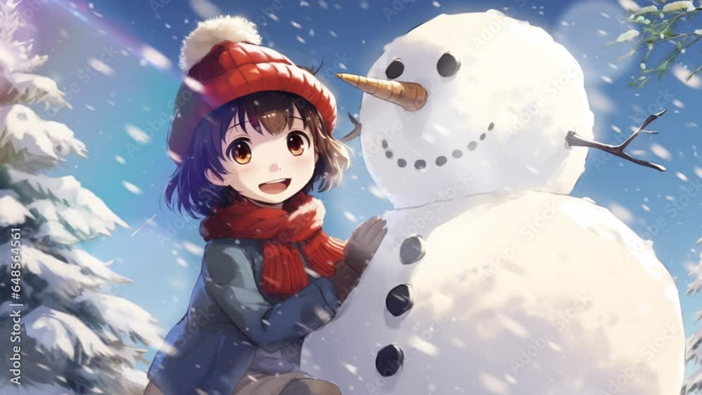 Vidéo Stock girl make snowman at winter in anime illustration style, 4K ...