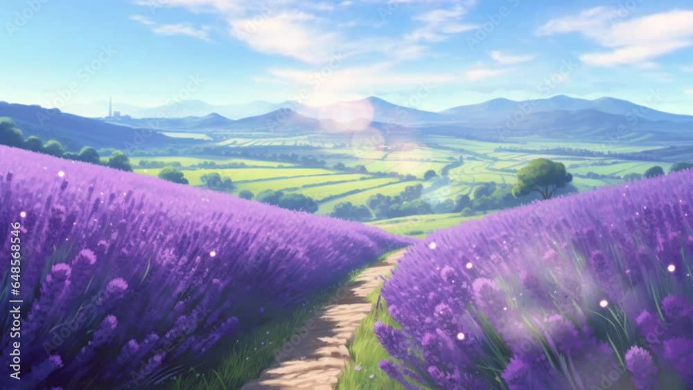 blooming lavender field background in anime illustration style, 4K ...